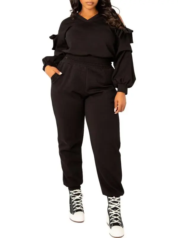 BUXOM COUTURE Scuba Knit Cold Shoulder Sweatshirt And Jogger Set - Black