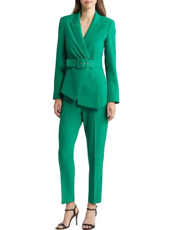 TAHARI ASL Peak Lapel Belted Blazer And Pants Set - Emerald