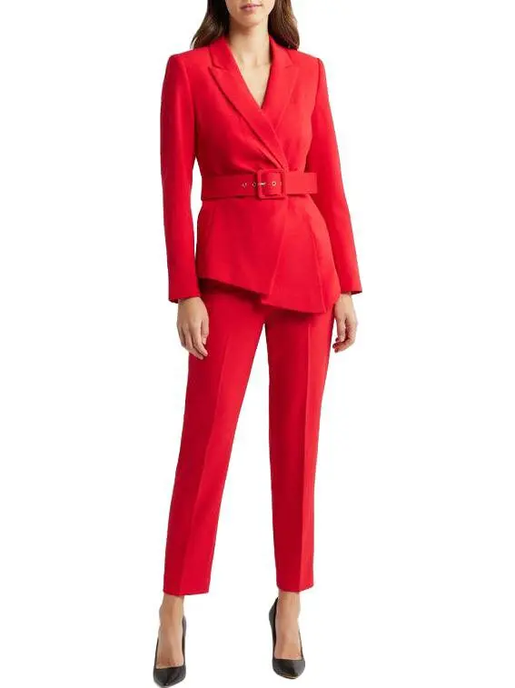 TAHARI ASL Peak Lapel Belted Blazer And Pants Set - Red