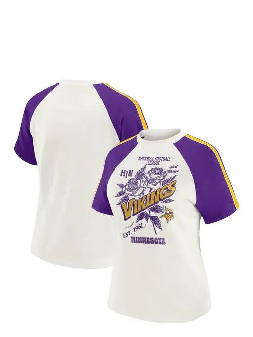 WEAR BY ERIN ANDREWS Minnesota Vikings Sleeve Stripe Distressed Raglan T-shirt - White