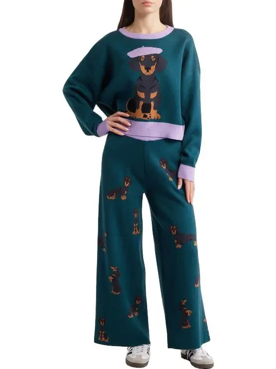 DRESSED IN LALA Jacquard Dachshund Sweater And Wide Leg Pants Set - Teal