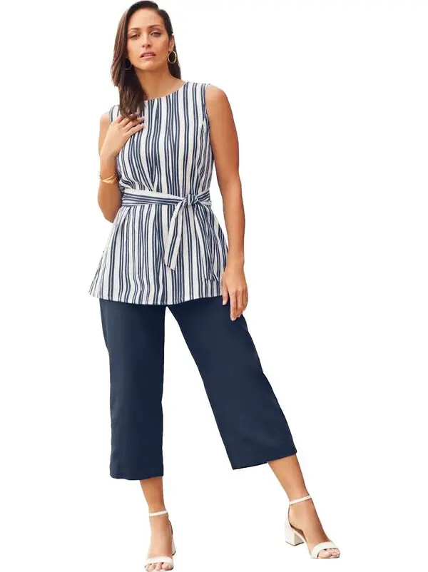 JESSICA LONDON Linen Blend Belted Tunic And Capri Set - Navy