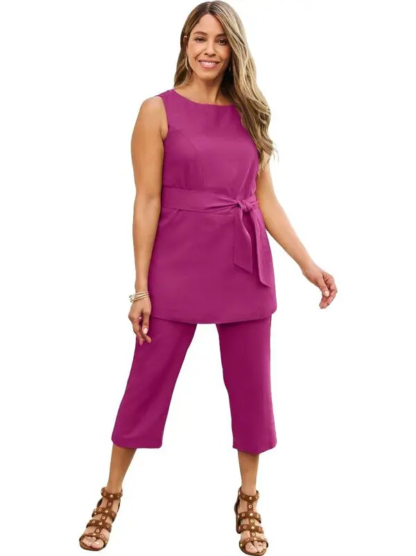 JESSICA LONDON Linen Blend Belted Tunic And Capri Set - Raspberry