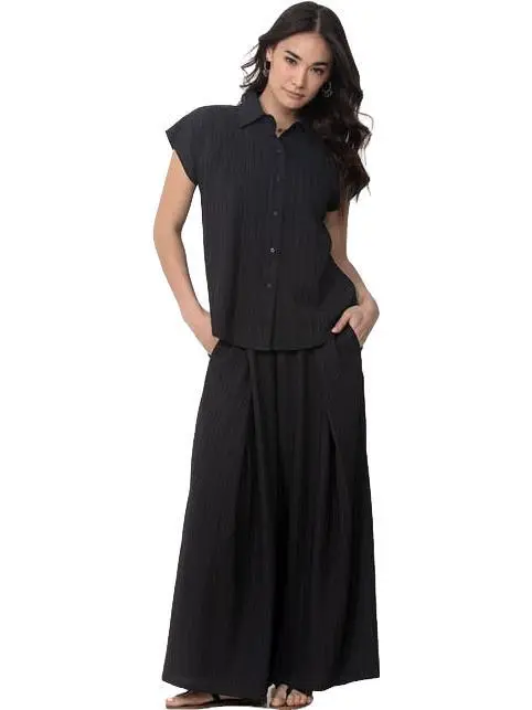 SINGLE STITCH Textured Button-front Shirt And Palazzo Pants Set - Black