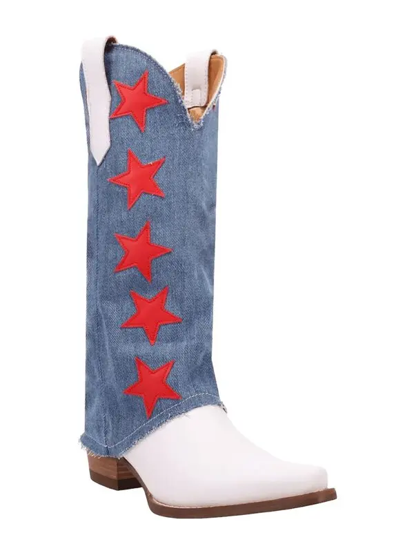 DINGO Glory Days Denim Star Appliqué Western Boots - Blue/white Multi
