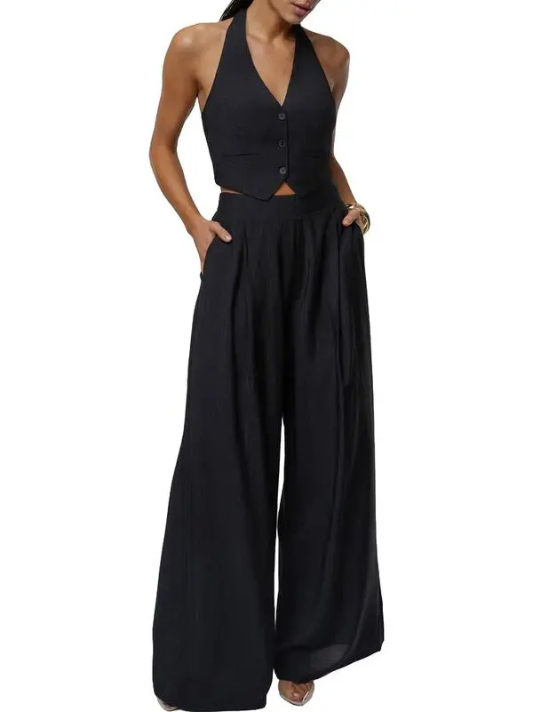 JLUXLABEL Halter Top & Wide Leg Pant Set - Black