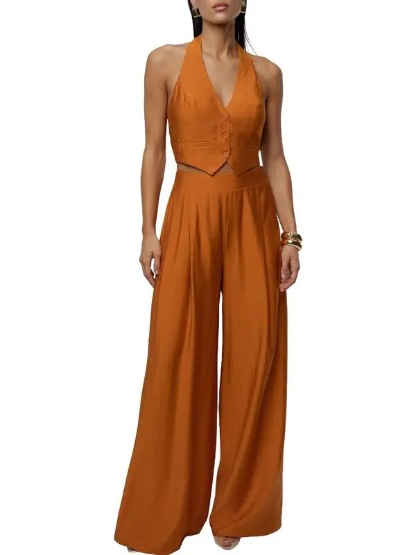 JLUXLABEL Halter Top & Wide Leg Pant Set - Orange