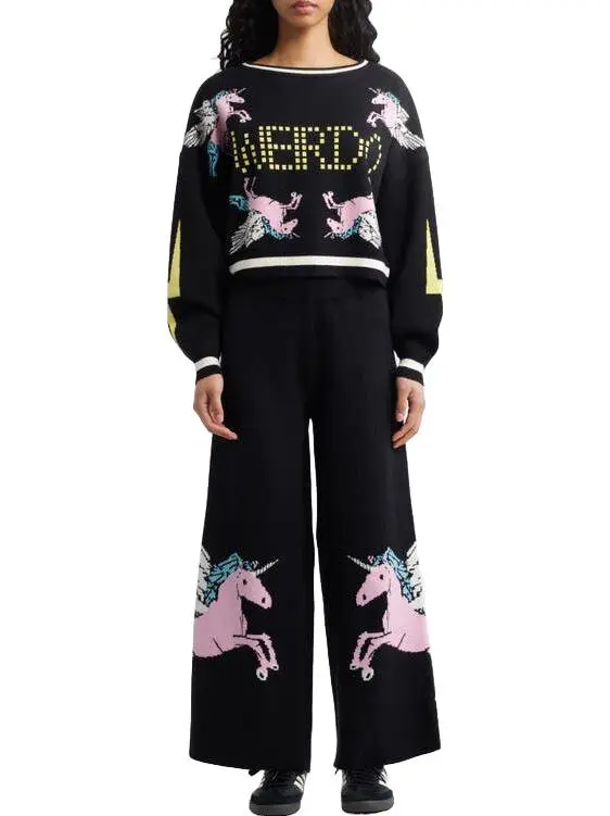 DRESSED IN LALA Pegasus Jacquard Sweater And Wide Leg Pants Set - Black