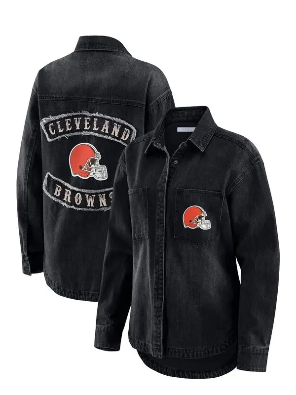 WEAR BY ERIN ANDREWS Cleveland Browns Washed Oversized Denim Shacket - Black