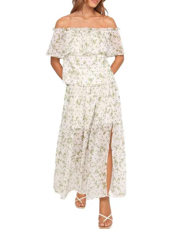 PETAL & PUP Maxi Skirt Set With Off-the-shoulder Overlay - Green Leaf