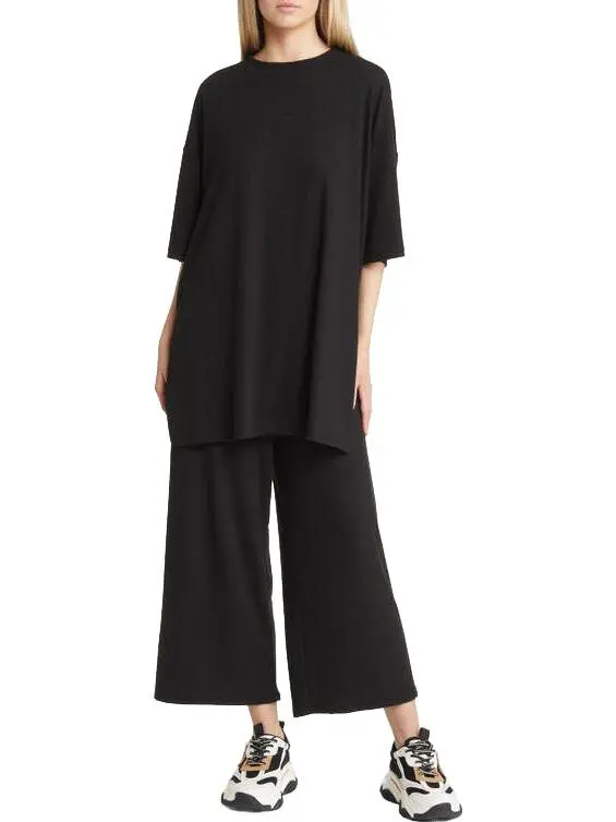 DRESSED IN LALA Ribbed Oversize T-shirt And High Waist Crop Pants Set - Black