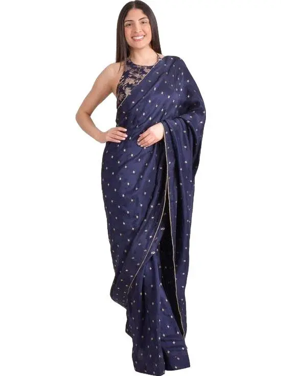 RAAS Jacquard Floral Pre-pleated Saree With Halter Blouse - Navy
