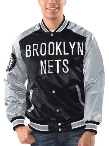 STARTER Brooklyn Nets Renegade Satin Varsity Jacket - Black