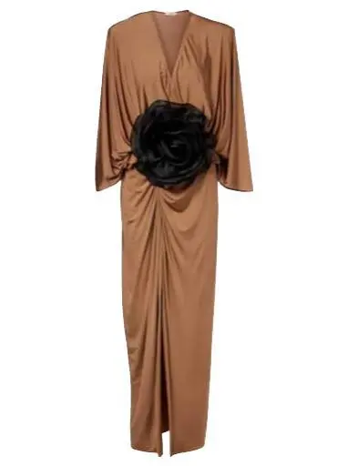 JACQUES WEI Jersey Maxi Dress With Floral Appliqu - Brown