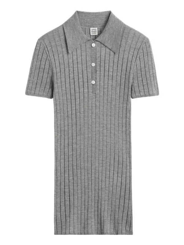 TOTEME Button Detailed Ribbed-knit Polo Shirt - Grey
