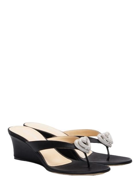 MACHMACH Double Heart Embellished Wedge Thong Sandals - Black