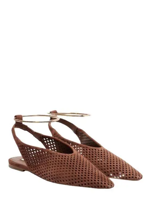 JIL SANDER Perforated Suede Slingback Flats With Metallic Ankle Strap - Brown