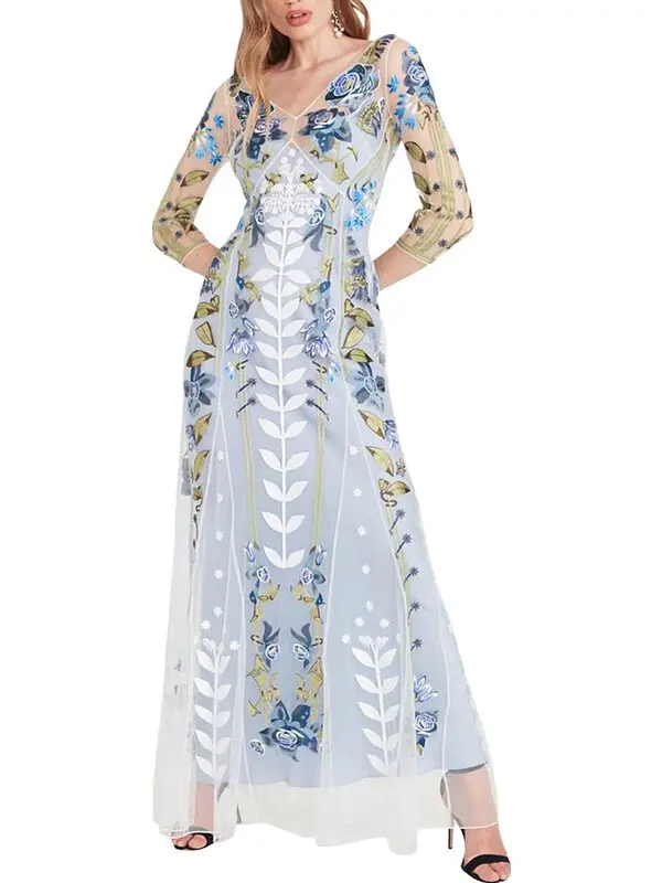 TEMPERLEY LONDON Lucille V-neck Embroidered Maxi Dress - Frost Blue