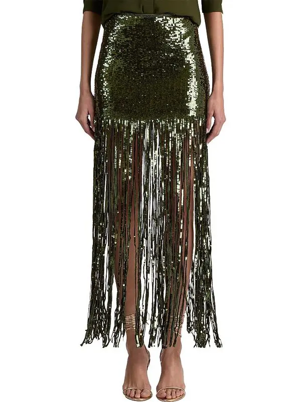 Alice + Olivia Kendra Sequinned Fringe Maxi Skirt - Dark Fern