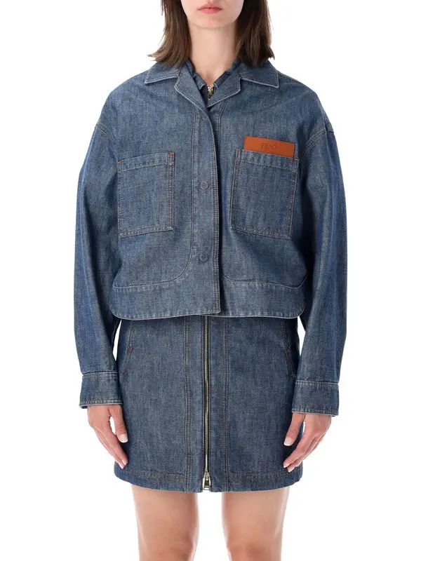 Fendi Cotton Utility Jacket With Logo Patch - Blu