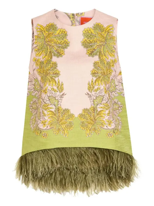 La DoubleJ La Scala Feather-trim Woven Top - Pink
