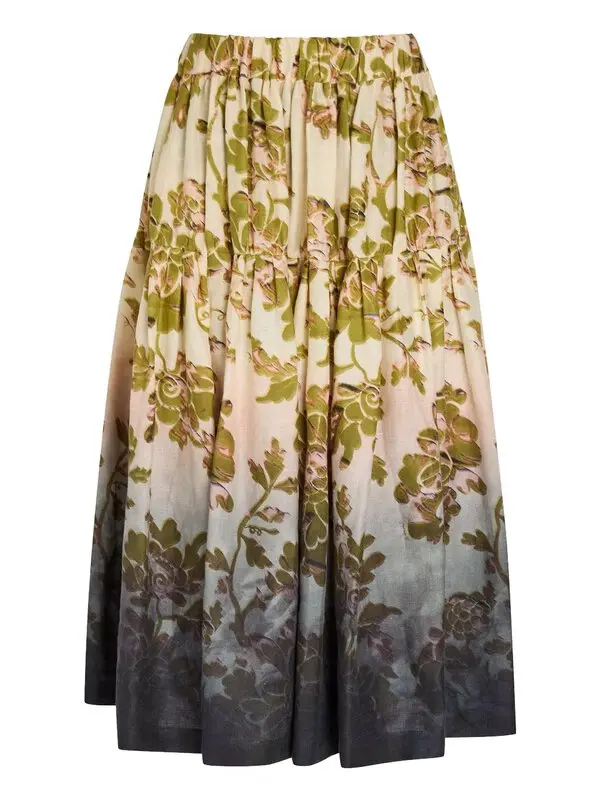 La DoubleJ Floral Print Linen Midi Skirt - Black