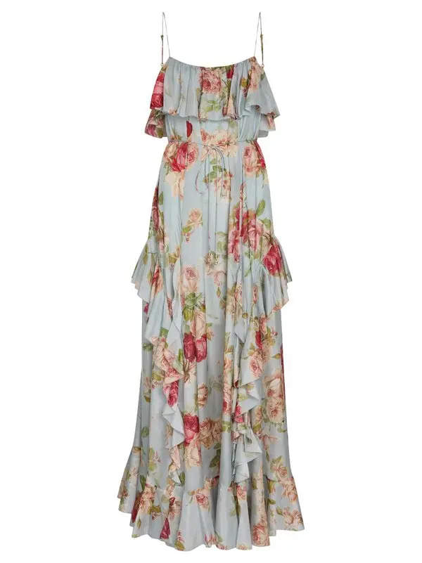 Zimmermann Roselight Floral-print Ruffled Silk Maxi Dress - Blue