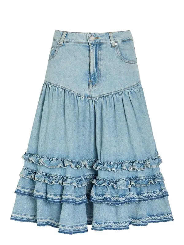 GANNI Frill Tiered Denim Midi Skirt - Light Blue