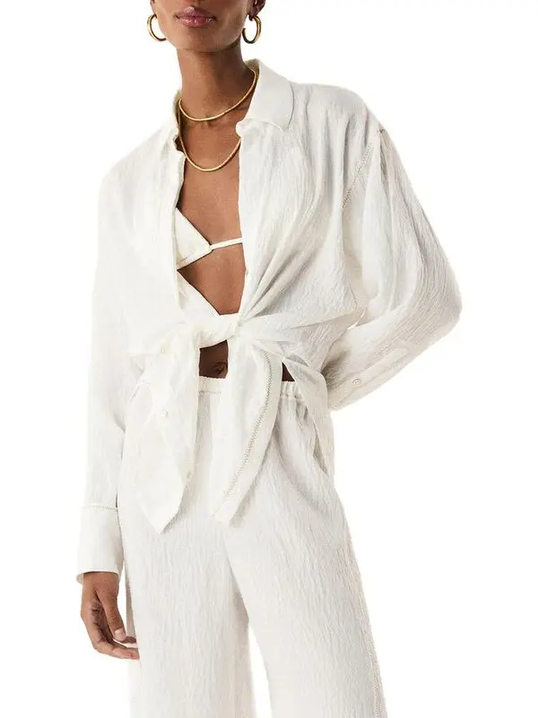 VIX PAULA HERMANNY Long Sleeve Crinkled Cover-up Shirt - Off White