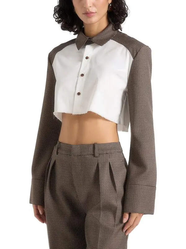 Manière De Voir Bernadette Houndstooth Contrast Cropped Shirt - Brown