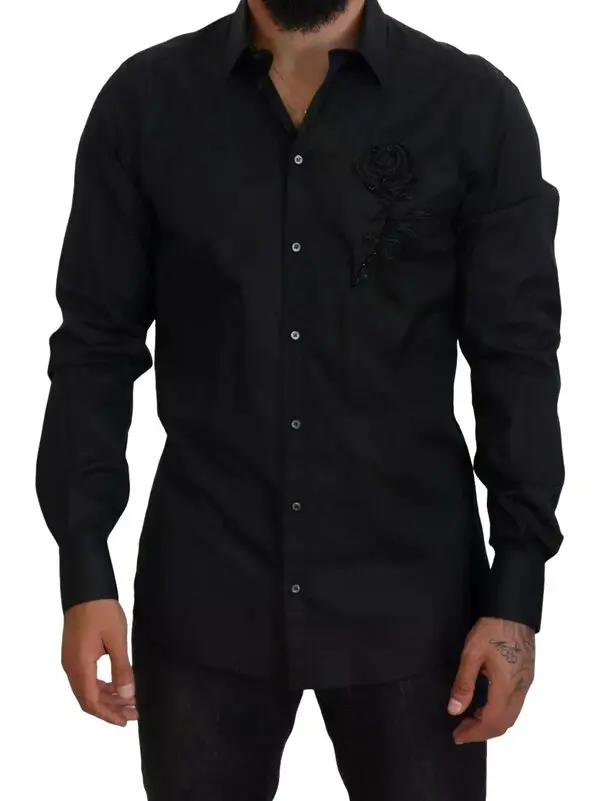 Dolce & Gabbana Rose-embroidered Slim-fit Shirt - Black