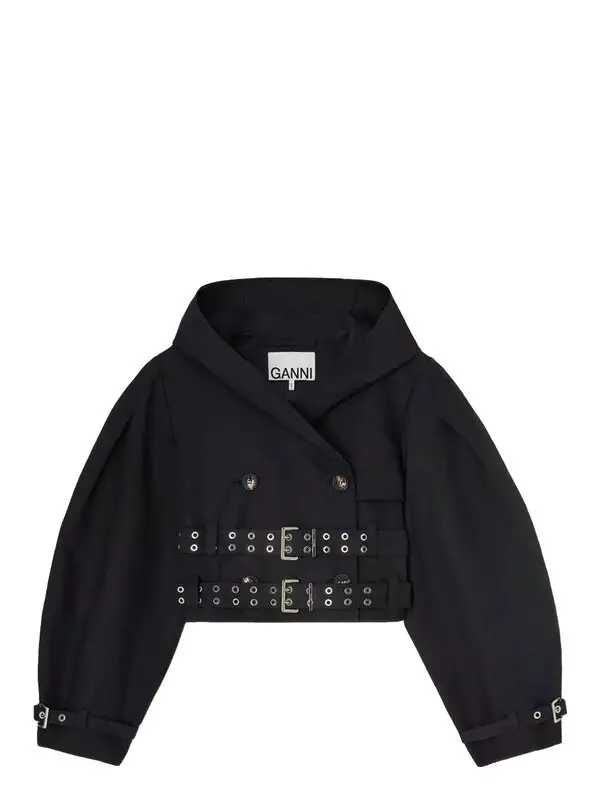 GANNI Double Belted Hooded Jacket With Silver-tone Eyelets - Black