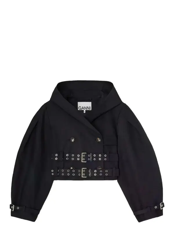 GANNI Double Belted Hooded Jacket With Silver-tone Eyelets - Black
