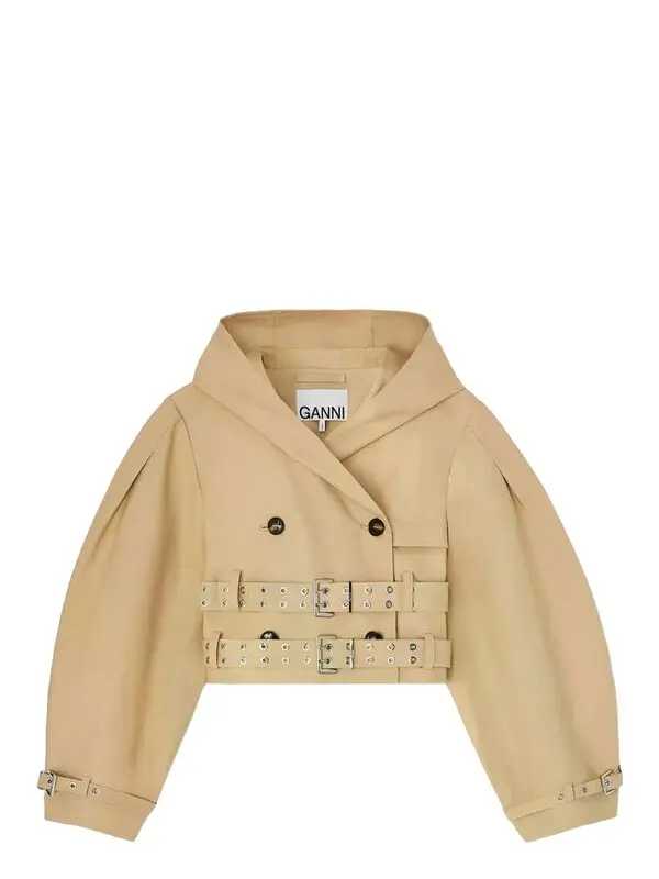 GANNI Double-breasted Cropped Jacket With Hood - Neutrals
