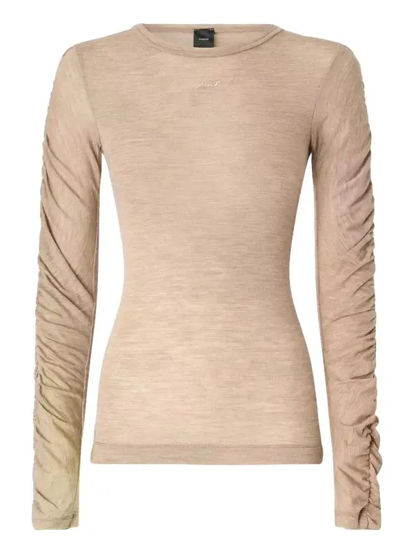 Pinko Ruched Long-sleeve Crewneck Top - Neutrals