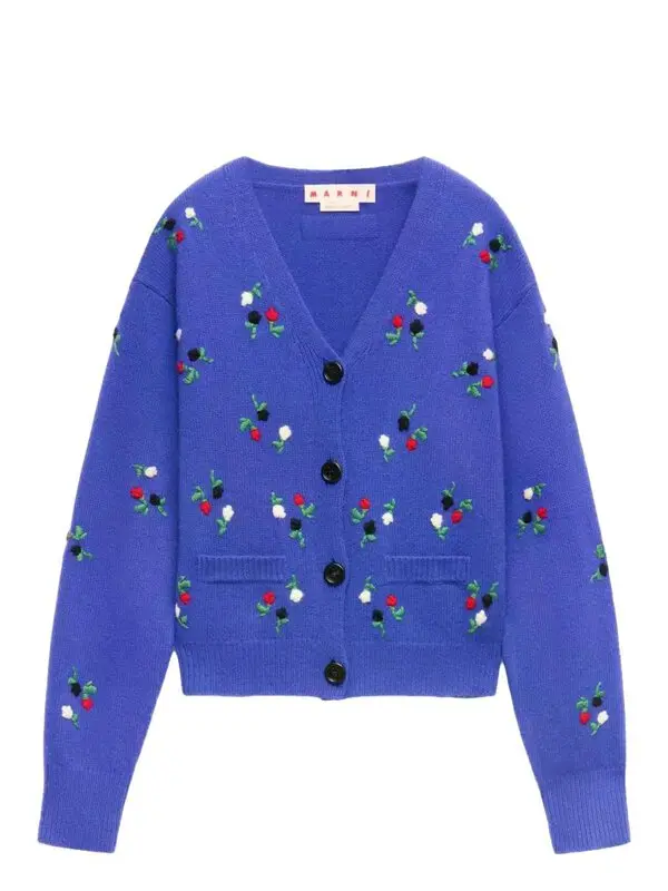 Marni Floral Embroidered Balloon-sleeve Cardigan - Blue