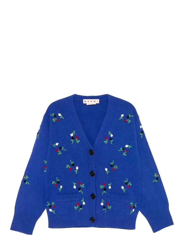 Marni Floral Embroidered Balloon-sleeve Cardigan - Blue