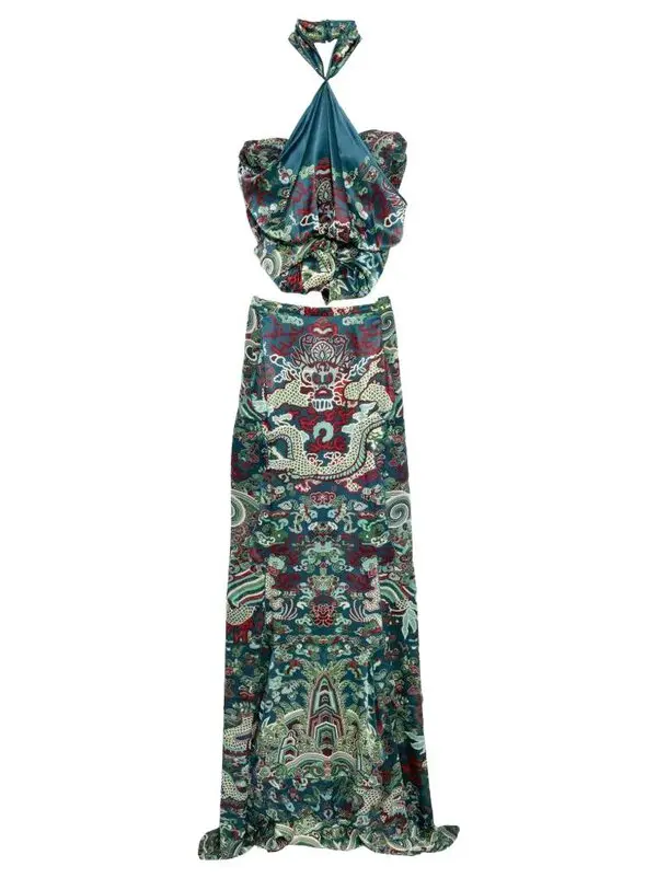 Saint Laurent Dragon Print Halterneck Maxi Dress - Blue