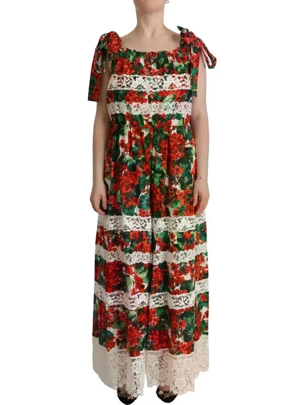 Dolce & Gabbana Floral Print Lace Trim Maxi Dress - Red
