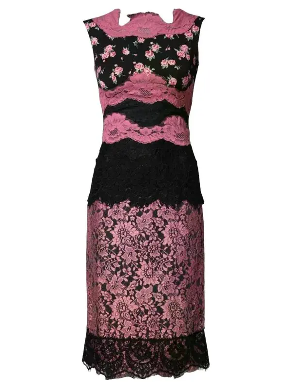 Dolce & Gabbana Floral Print Lace Panel Midi Dress - Black