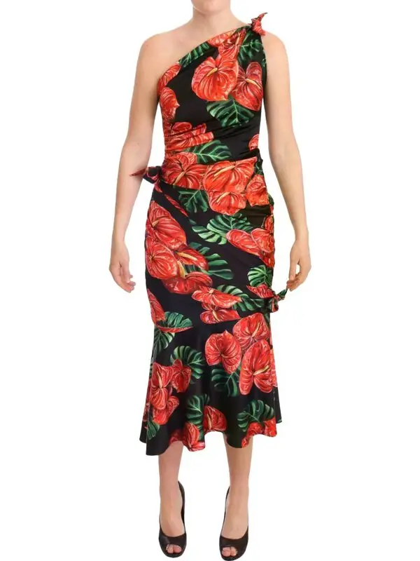 Dolce & Gabbana Floral Print One-shoulder Midi Dress - Black