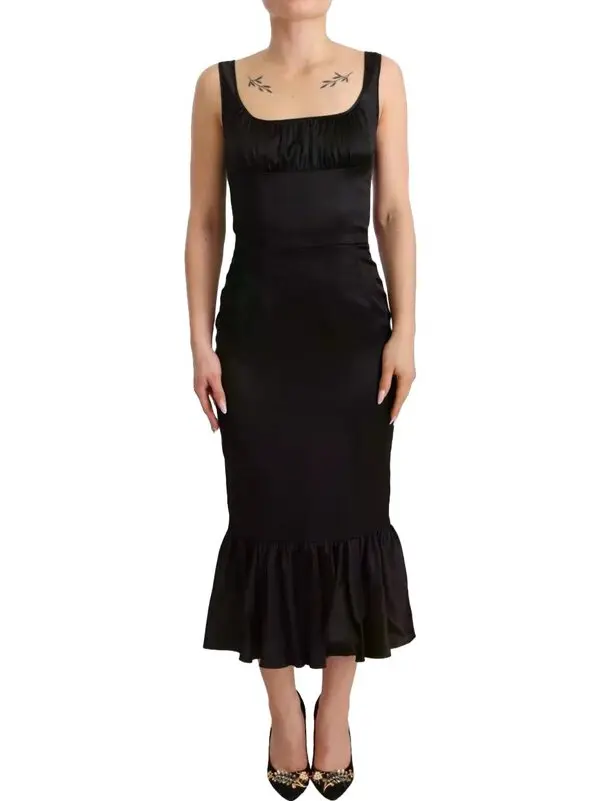 Dolce & Gabbana Silk Sleeveless Midi Dress With Ruffled Hem - Black