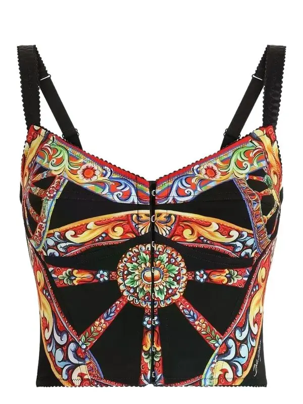 Dolce & Gabbana Carretto-print Charmeuse Corset Top - Black