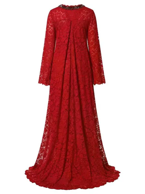Dolce & Gabbana Floral Lace Embellished Long Sleeve Gown - Red