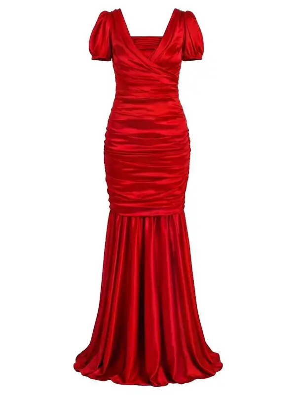 Dolce & Gabbana Silk Sweetheart Neck Ruched Mermaid Maxi Gown - Red