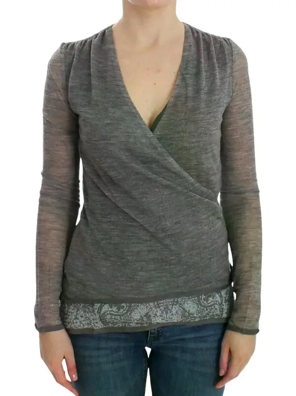 Ermanno Scervino Wrap-style V-neck Long Sleeve Top With Paisley Hem - Grey