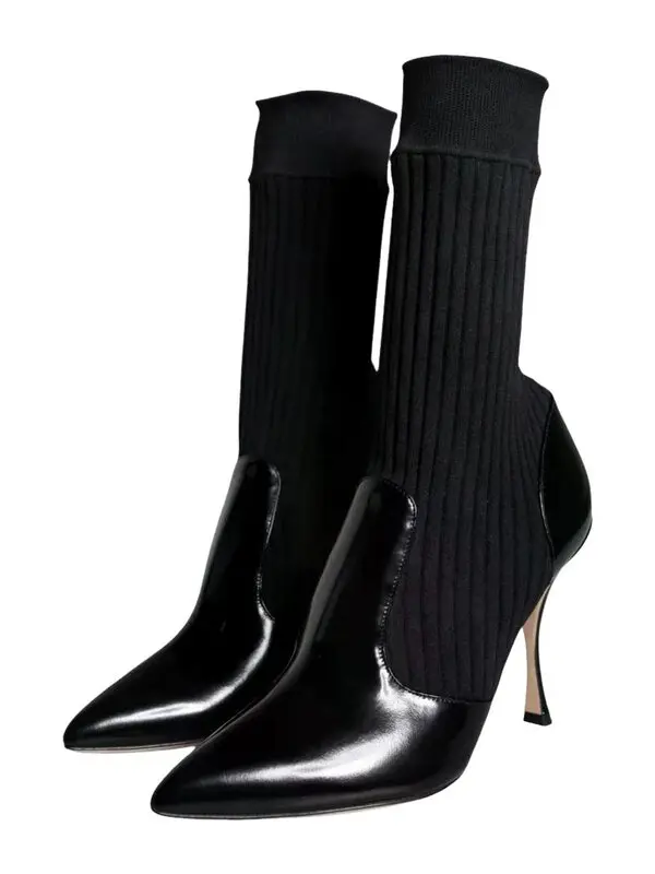Dolce & Gabbana Patent-leather Ribbed-knit Ankle Boots - Black