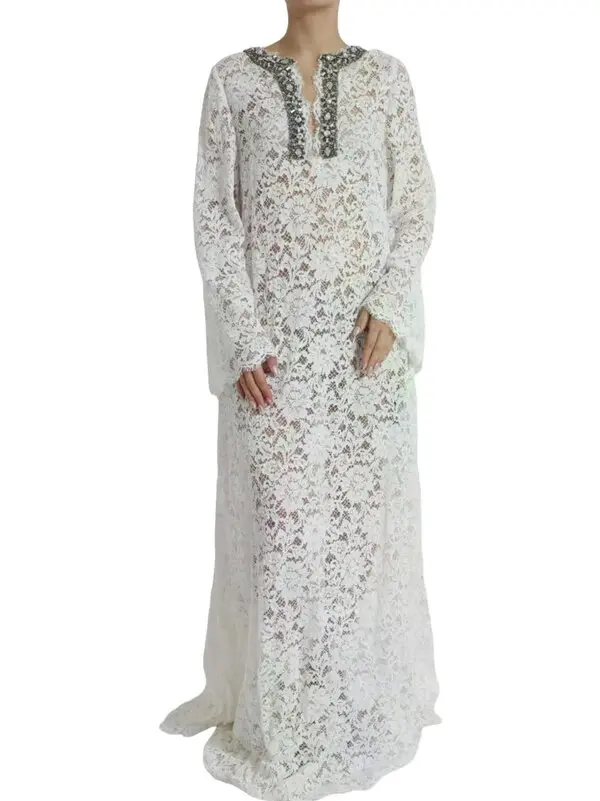 Dolce & Gabbana Maxi Crystal-embellished Lace Dress - White