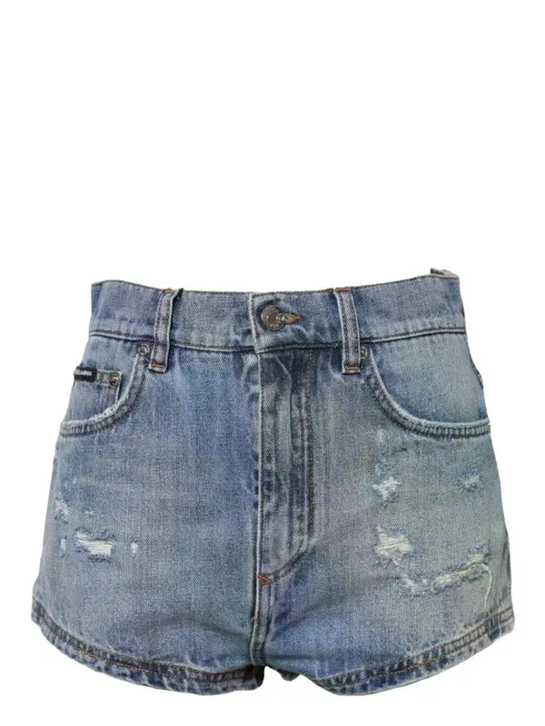 Dolce & Gabbana Distressed Logo Plaque Denim Shorts - Blue