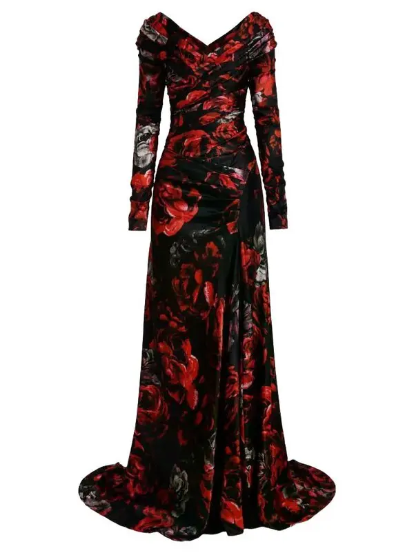 Dolce & Gabbana Floral Print Sweetheart Neckline Maxi Gown - Black